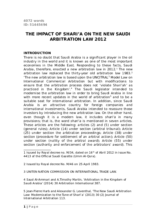 (DOC) The Impact of Shariah on the New Saudi Arbitration Law 2012