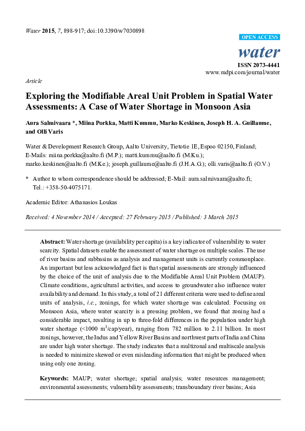 (PDF) Exploring the Modifiable Areal Unit Problem in Spatial Water Assessments: A Case of Water ...