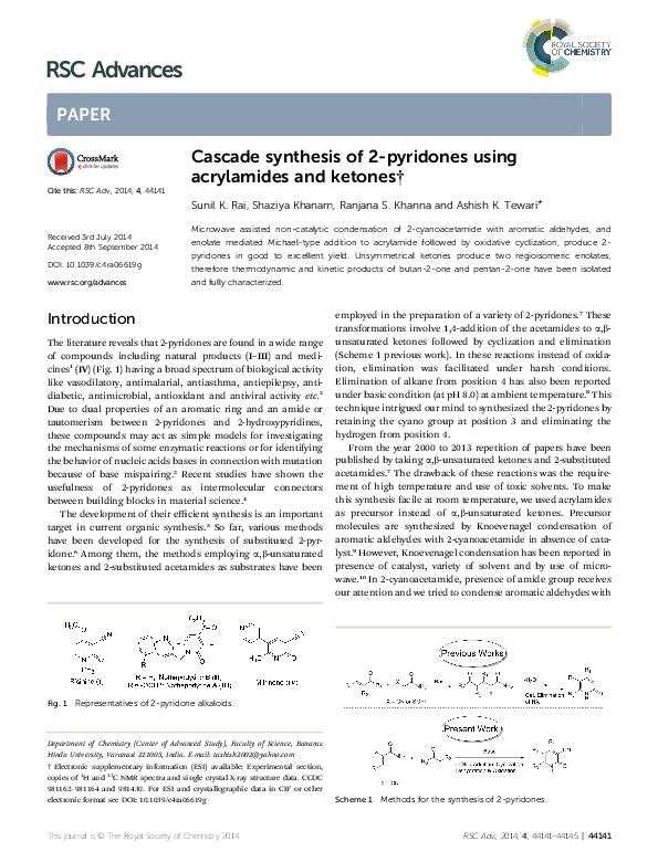 (PDF) Cascade synthesis of 2-pyridones using acrylamides and ketones