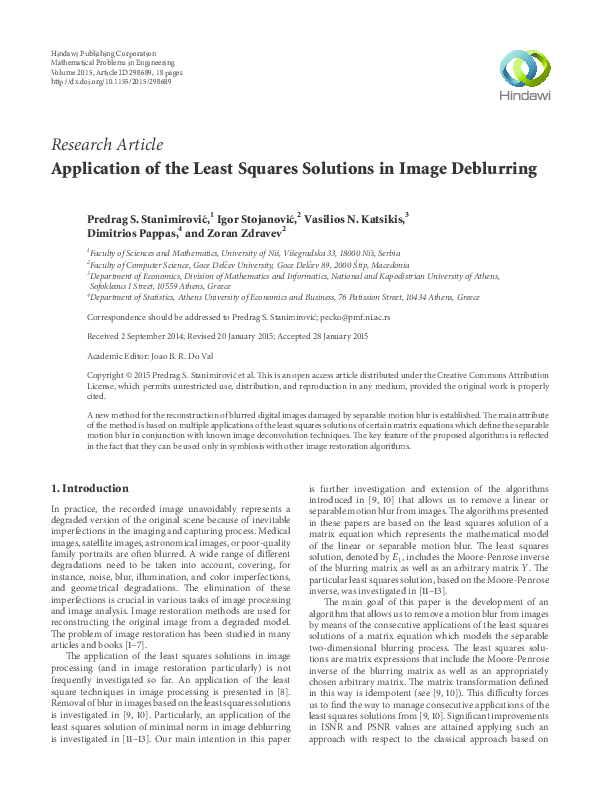 (PDF) Application of the Least Squares Solutions in Image Deblurring