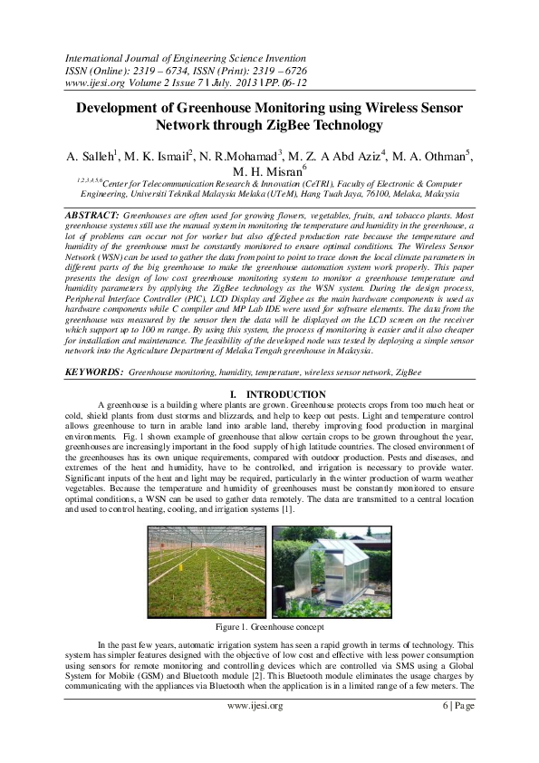 Pdf Development Of Greenhouse Monitoring Using Wireless Sensor Network Through Zigbee Technology