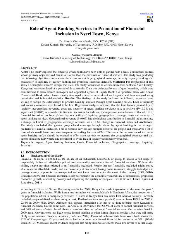 (PDF) Role of Agent Banking Services in Promotion of Financial ...