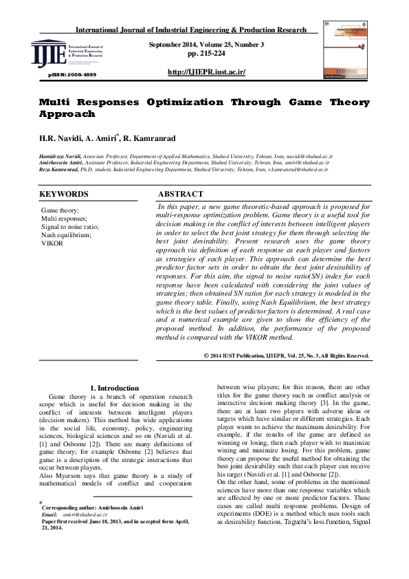 (PDF) Multi Responses Optimization Through Game Theory Approach