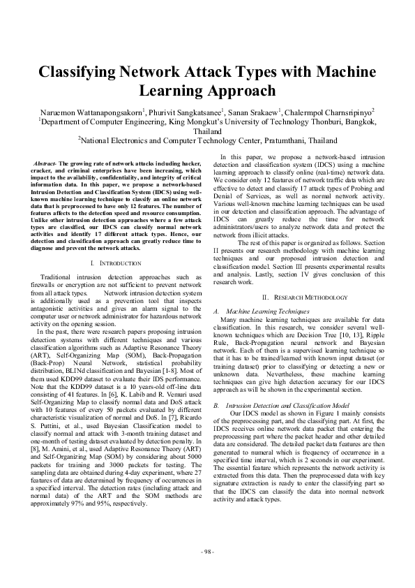 Pdf Classifying Network Attack Types With Machine Learning Approach