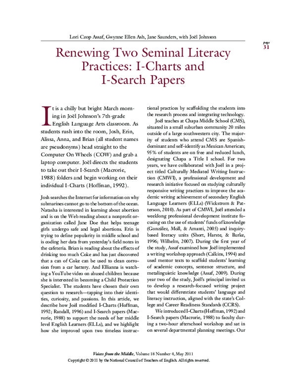 Renewing Two Seminal Literacy Practices: I-Charts and I-Search Papers