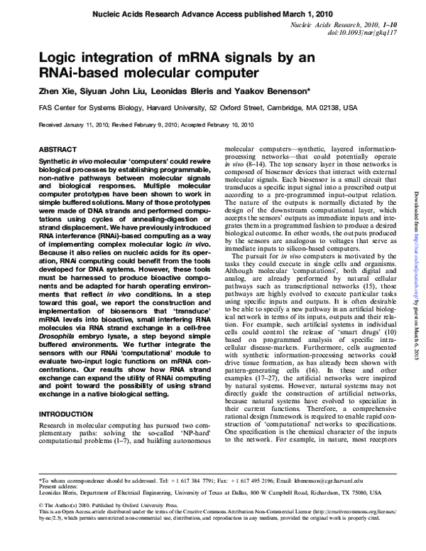 Pdf Logic Integration Of Mrna Signals By An Rnai Based Molecular Computer