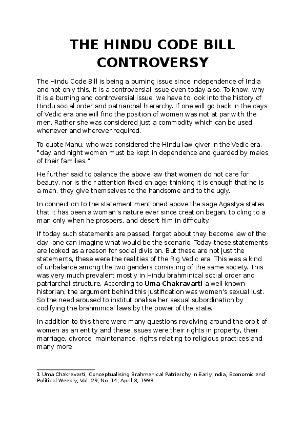 (DOC) THE HINDU CODE BILL CONTROVERSY