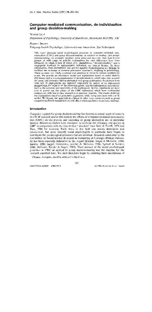 (PDF) Computer-Mediated Communication, De-Individuation and Group Decision-Making