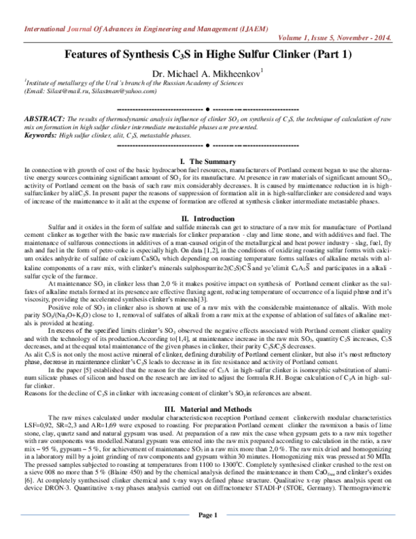 (PDF) Features of Synthesis C3S in Highe Sulfur Clinker (Part 1)