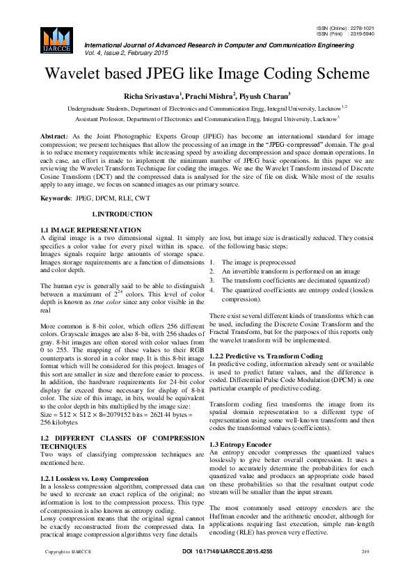 Pdf Wavelet Based Jpeg Like Image Coding Scheme