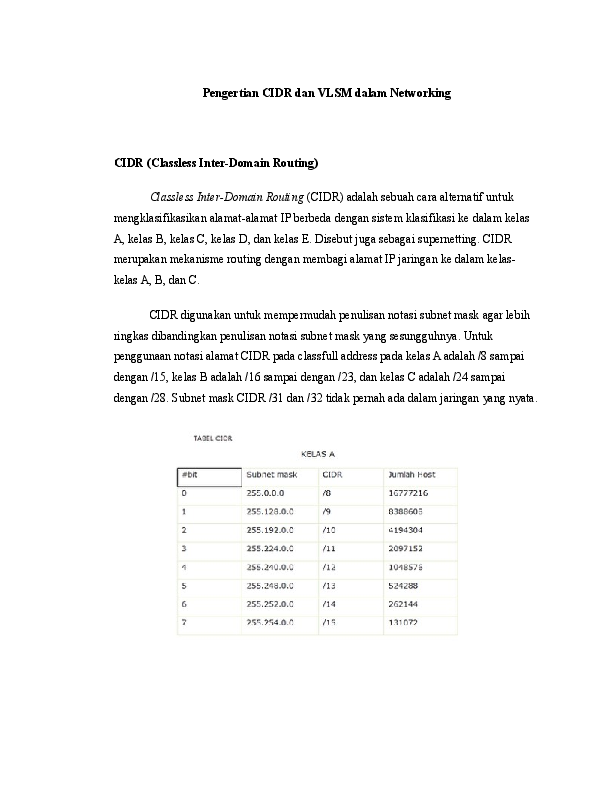 Doc Pengertian Cidr Dan Vlsm Dalam Networking Cidr Classless Inter Domain Routing 