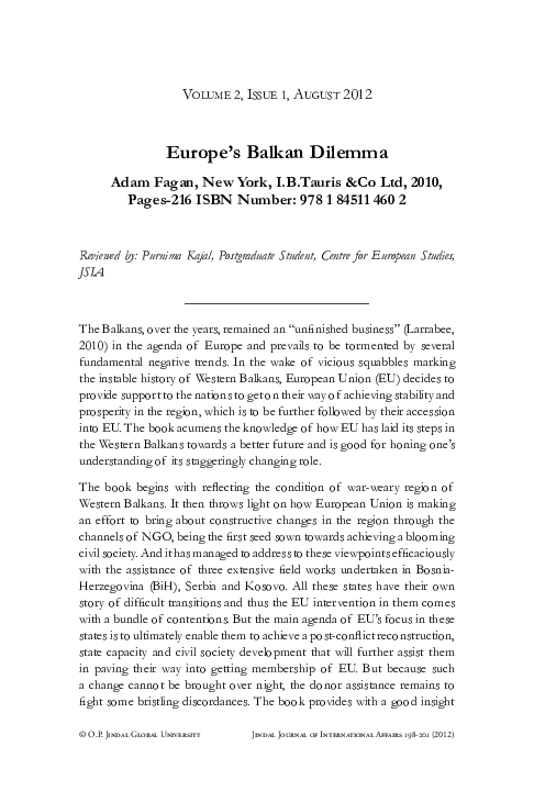 (PDF) Book Review: Europe's Balkan Dilemma - Adam Fagan