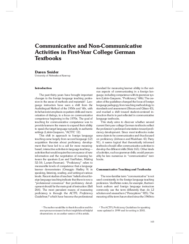 Pdf Communicative And Non Communicative Activities In First Year College German Textbooks