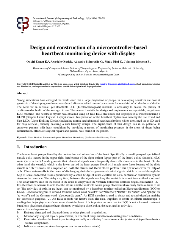 (PDF) Design and construction of a microcontroller-based heartbeat monitoring device with display