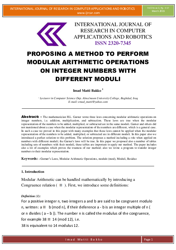 (PDF) PROPOSING A METHOD TO PERFORM MODULAR ARITHMETIC OPERATIONS ON ... (PDF) PROPOSING A METHOD TO PERFORM MODULAR ARITHMETIC OPERATIONS ON ...