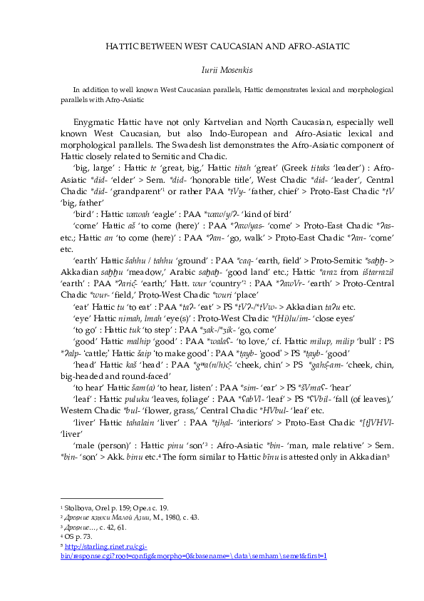 (PDF) HATTIC BETWEEN WEST CAUCASIAN AND AFRO-ASIATIC