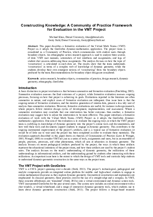 (PDF) Constructing Knowledge: A Community of Practice Framework for Evaluation in the VMT Project