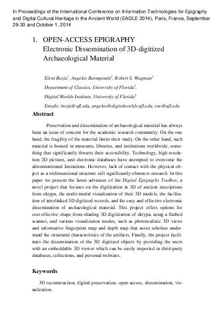 (PDF) OPEN-ACCESS EPIGRAPHY: Electronic Dissemination of 3D-digitized ...