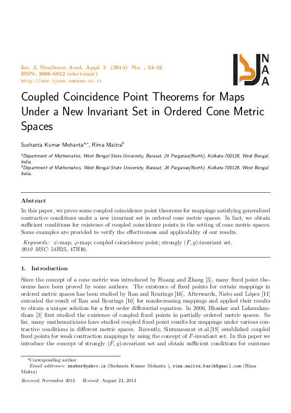 (PDF) Coupled Coincidence Point Theorems for Maps Under a New Invariant Set in Ordered Cone ...