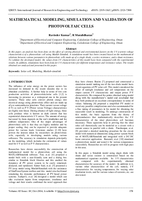 (PDF) MATHEMATICAL MODELING, SIMULATION AND VALIDATION OF PHOTOVOLTAIC ... (PDF) MATHEMATICAL MODELING, SIMULATION AND VALIDATION OF PHOTOVOLTAIC ...