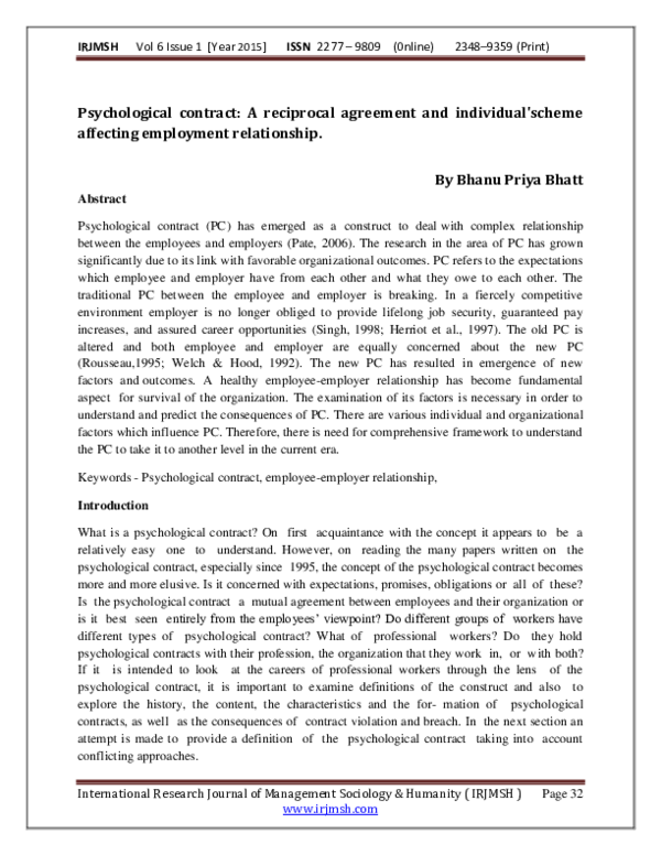 (PDF) Psychological contract: A reciprocal agreement and individual ...