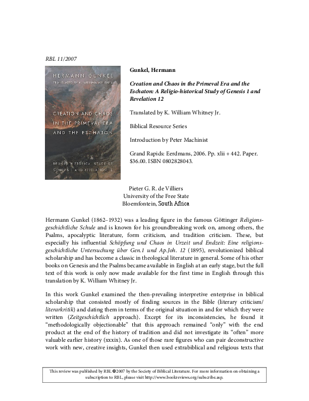 (PDF) Review of : Gunkel, Hermann Creation and Chaos in the Primeval ...