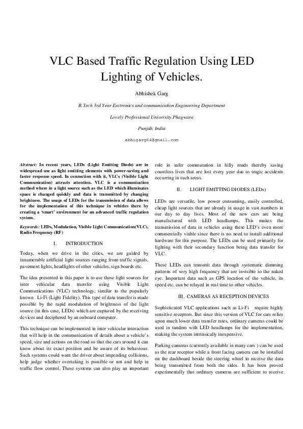 (PDF) VLC Based Traffic Regulation Using LED Lighting of Vehicles
