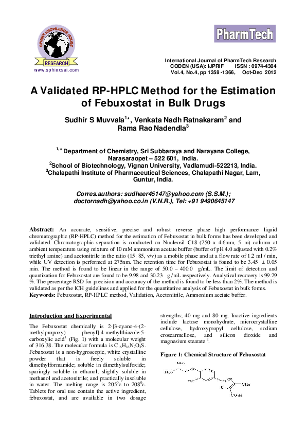 Pdf A Validated Rp Hplc Method For The Estimation Of Febuxostat In