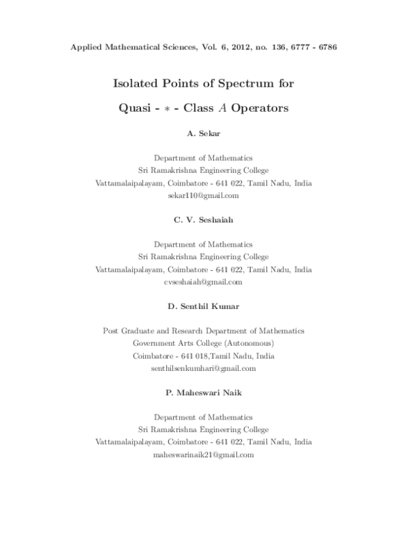 (PDF) Isolated Points of Spectrum for Quasi - * -Class A Operators