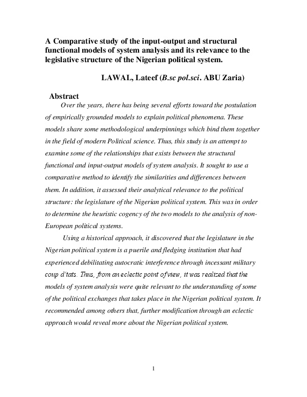 Pdf Relevance Of The Input Output And Structural Functional Models Of System Analysis To The