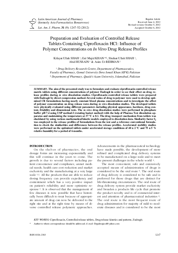 Pdf Preparation And Evaluation Of Controlled Release Tablets Containing Ciprofloxacin Hcl