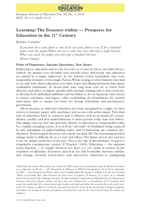 (PDF) Learning: The Treasure Within, Prospects for Education in the 21st Century