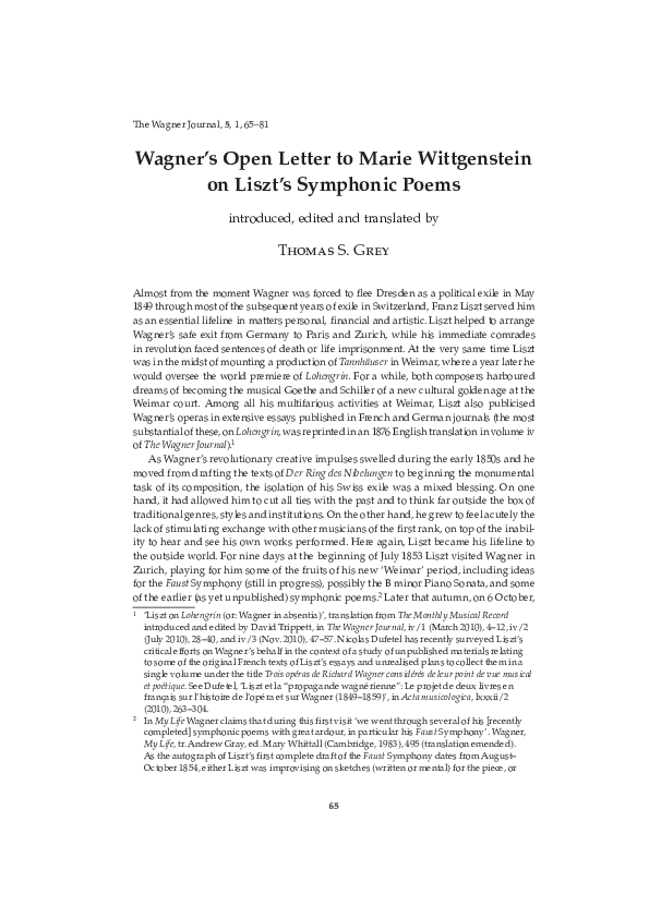 (PDF) Richard Wagner: Open Letter on Liszt's Symphonic Poems (1857)