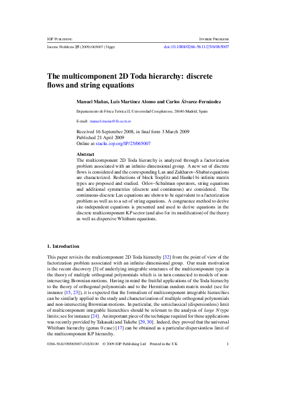 (PDF) The multicomponent 2D Toda hierarchy: discrete flows and string equations