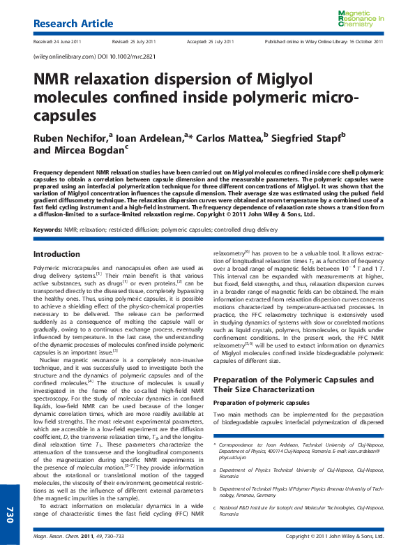 (PDF) NMR relaxation dispersion of Miglyol molecules confined inside ...