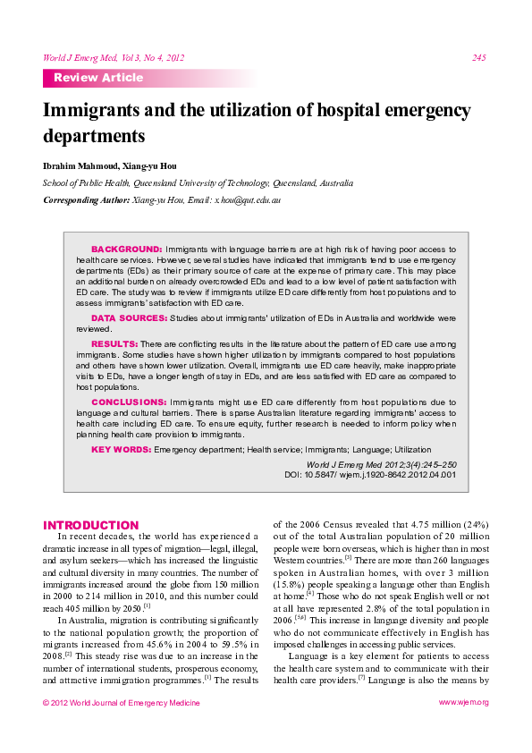 (PDF) Immigrants and the utilization of hospital emergency departments