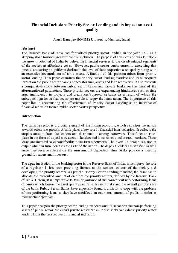(DOC) Financial Inclusion: Priority Sector Lending and its impact on ...
