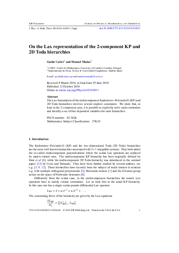 (PDF) On the Lax representation of the 2-component KP and 2D Toda hierarchies