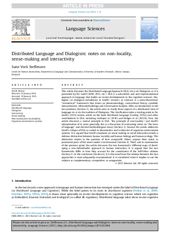 (PDF) Distributed Language and Dialogism: notes on non-locality, sense ...