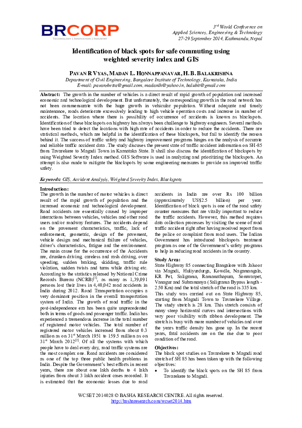 Pdf Identification Of Black Spots For Safe Commuting Using Weighted Severity Index And Gis