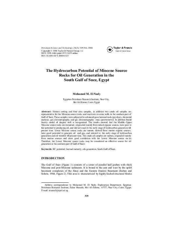 (PDF) The Hydrocarbon Potential of Miocene Source Rocks for Oil ...