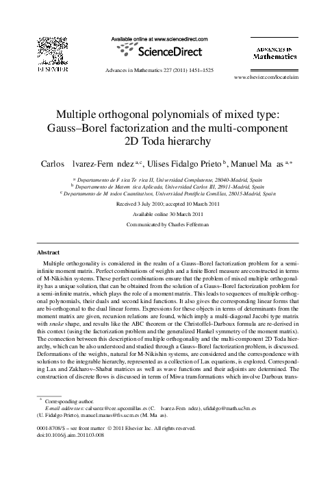 (PDF) Multiple orthogonal polynomials of mixed type: Gauss–Borel factorization and the multi ...