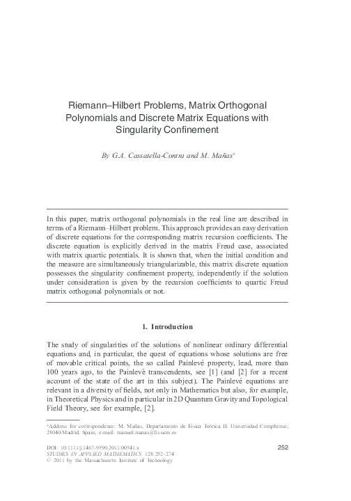 (PDF) Riemann–Hilbert Problems, Matrix Orthogonal Polynomials and Discrete Matrix Equations with ...