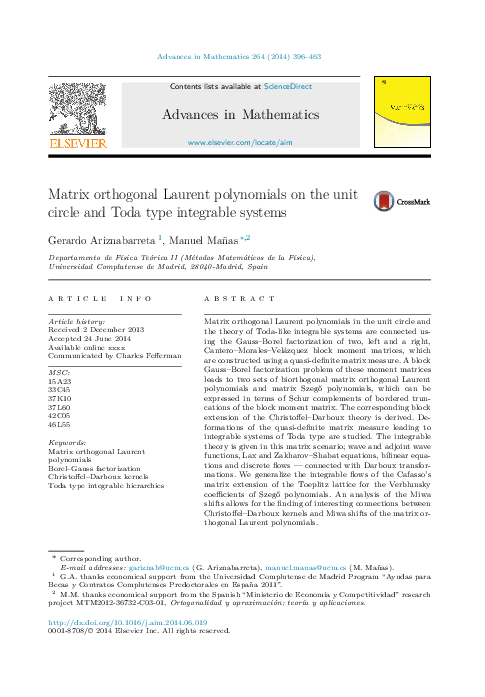(PDF) Matrix orthogonal Laurent polynomials on the unit circle and Toda type integrable systems