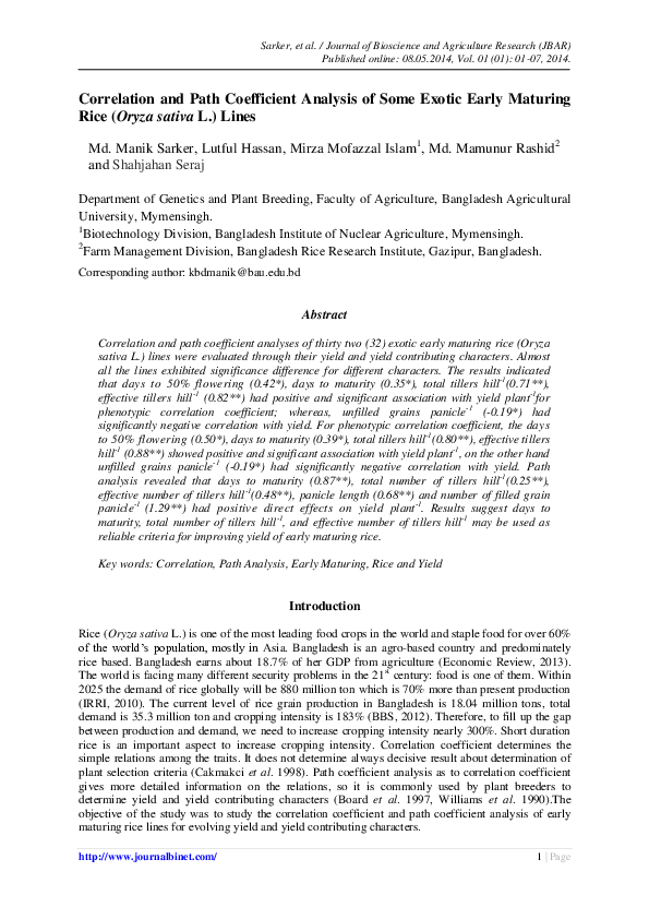 (PDF) Correlation and Path Coefficient Analysis of Some Exotic Early Maturing Rice (Oryza sativa ...