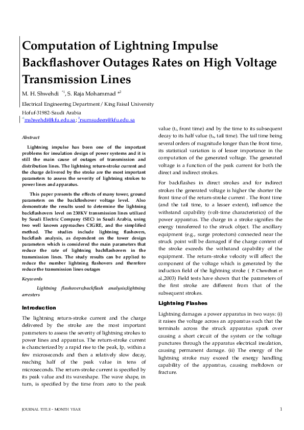 (DOC) Computation of Lightning Impulse Backflashover Outages Rates on ...