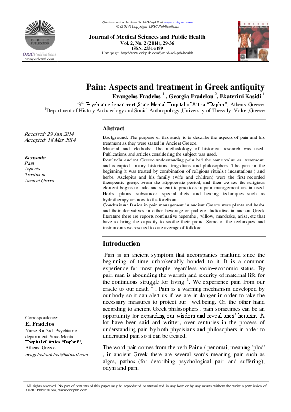 Pain: Aspects and treatment in Greek antiquity.