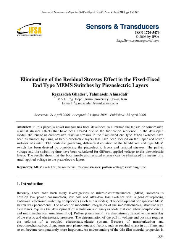 (PDF) Eliminating of the Residual Stresses Effect in the Fixed-Fixed End Type MEMS Switches by ...