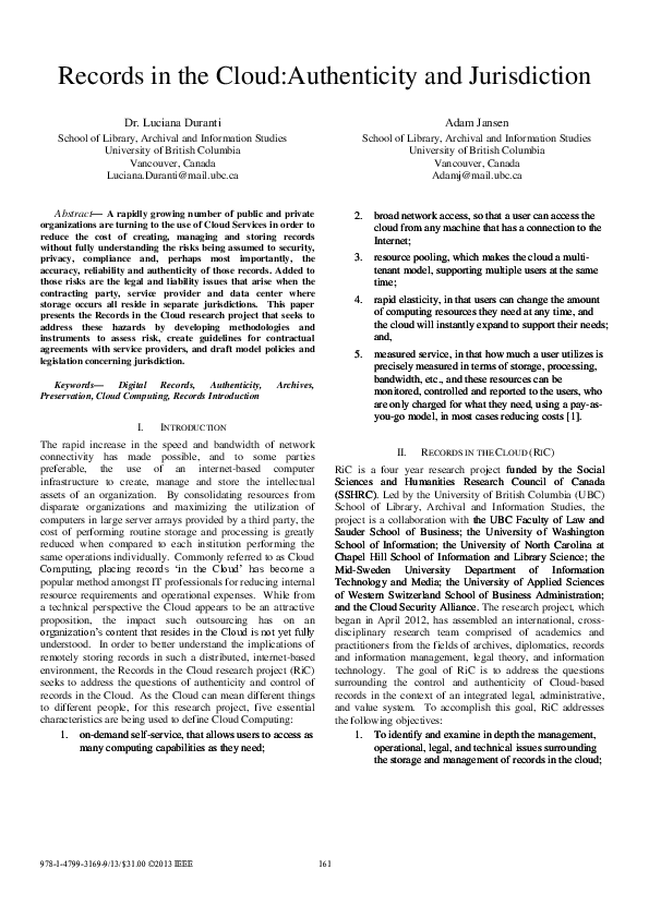 (PDF) Records in the Cloud:Authenticity and Jurisdiction