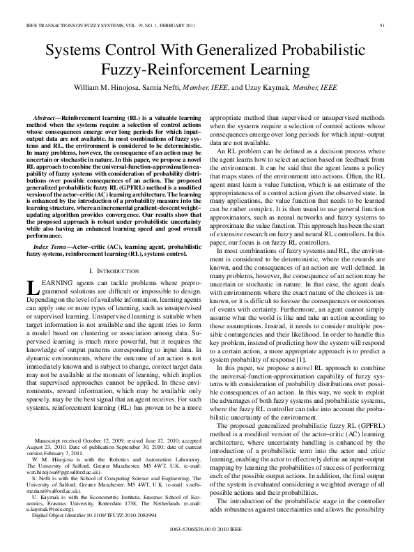 (PDF) Systems Control With Generalized Probabilistic Fuzzy-Reinforcement Learning